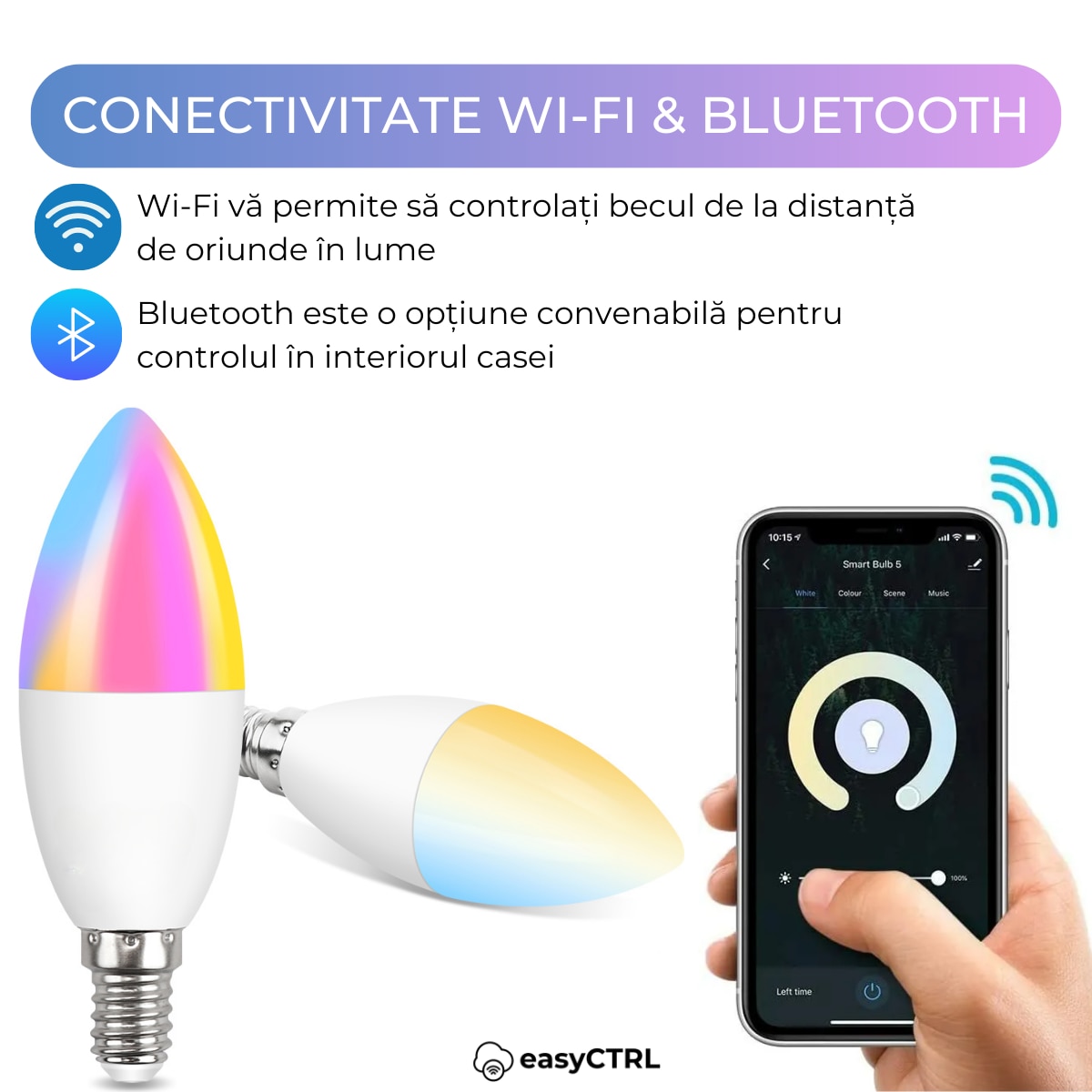 Bec LED RGB inteligent, Wi-Fi, Bluetooth, E14,4.5W, 350 lm, Lumina ...