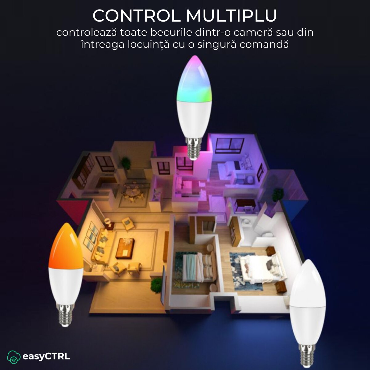 Bec LED RGB inteligent, Wi-Fi, Bluetooth, E14,4.5W, 350 lm, Lumina ...