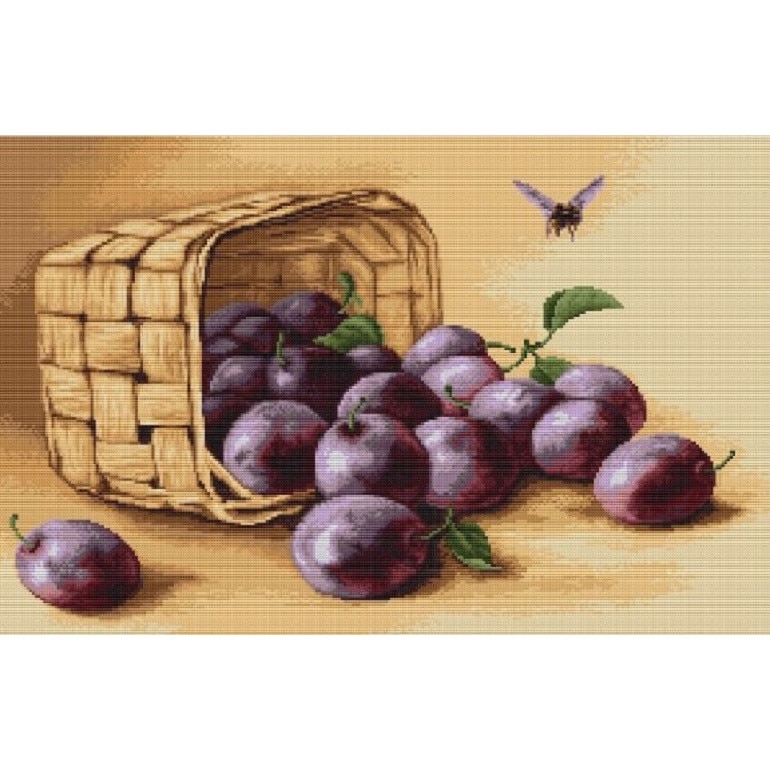 Set goblen de cusut, cu diagrama, Cos cu prune, 28x18cm - eMAG.ro
