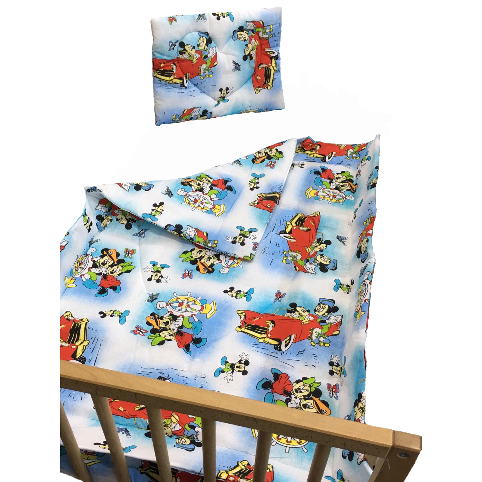Комплект юрган и възглавница за новородени син цвят Разходка с Мики и линия Мини Лиз от 100% ...