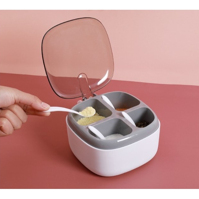 Recipient pentru Condimente, 4 Compartimente, 4 Lingurite din plastic ...