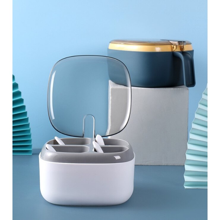 Recipient pentru Condimente, 4 Compartimente, 4 Lingurite din plastic ...