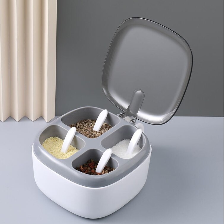 Recipient pentru Condimente, 4 Compartimente, 4 Lingurite din plastic ...