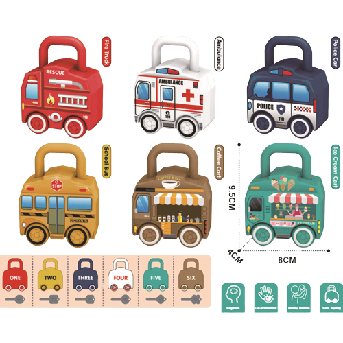 Set de 6 Lacate Masini cu Numere si chei, Ambulanta, Politie, Autobuz ...