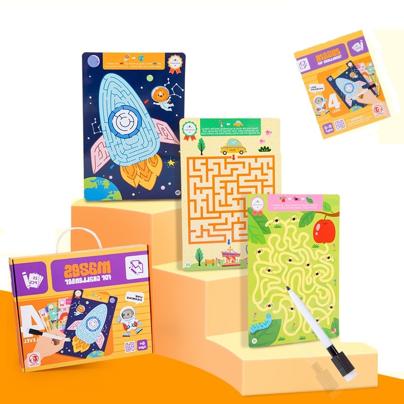 Joc Labirinturi cu 25 de Planse Reutilizabile, educative, Nivel 4,6 ...