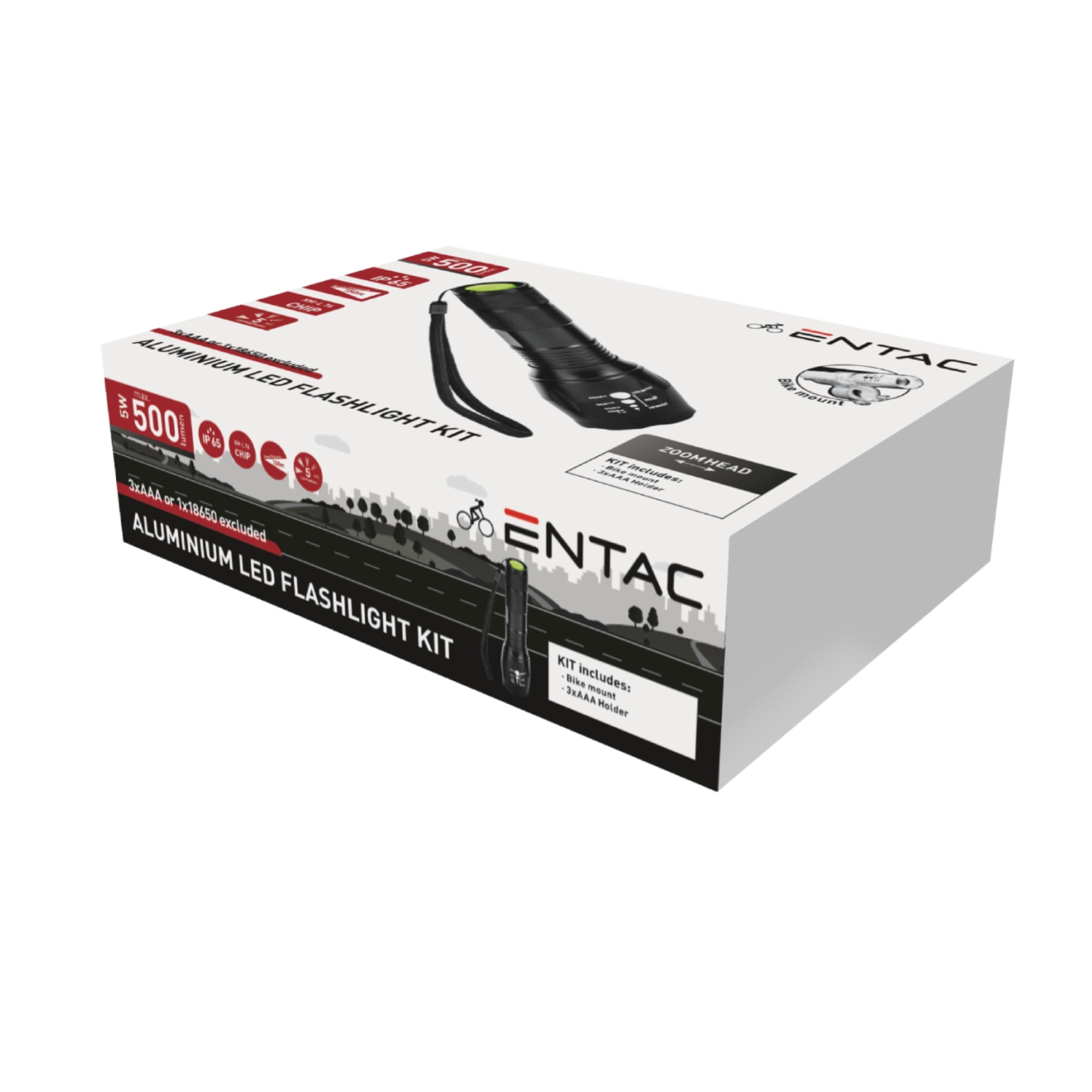 LED фенер Entac Flashlight Zoom, Скоба за монтаж на велосипед, USB, 5W ...