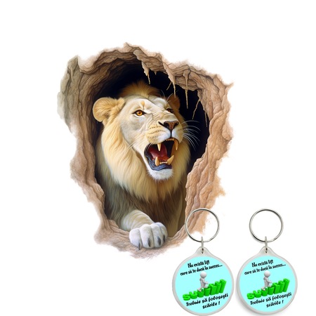 Set sticker decorativ 3d leu model 1, autocolant, 21 cm si 2 brelocuri ...