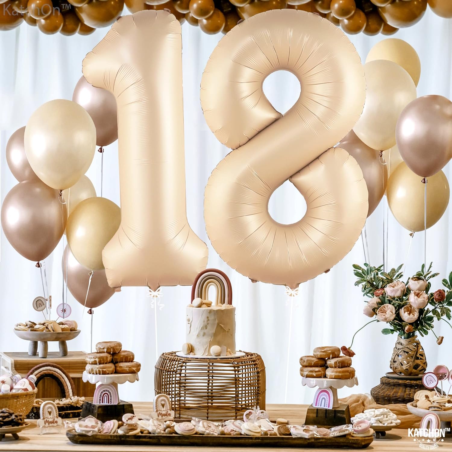 Set Baloane Majorat, Cifre 18 folie 100cm, caramel bej satinat si 6 ...