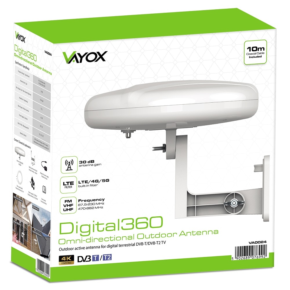 Antena TV omnidirectionala VA0024 Vayox, Digital360, pentru televiziune terestra DVB-T/DVB-T2 ...