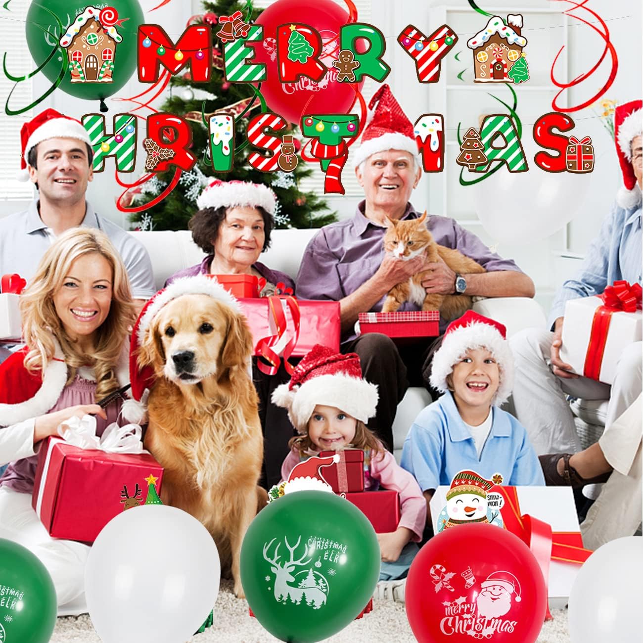 Комплект коледна украса с 26 балона 6 спирали покривка 2 панделки банер Весела Коледа и