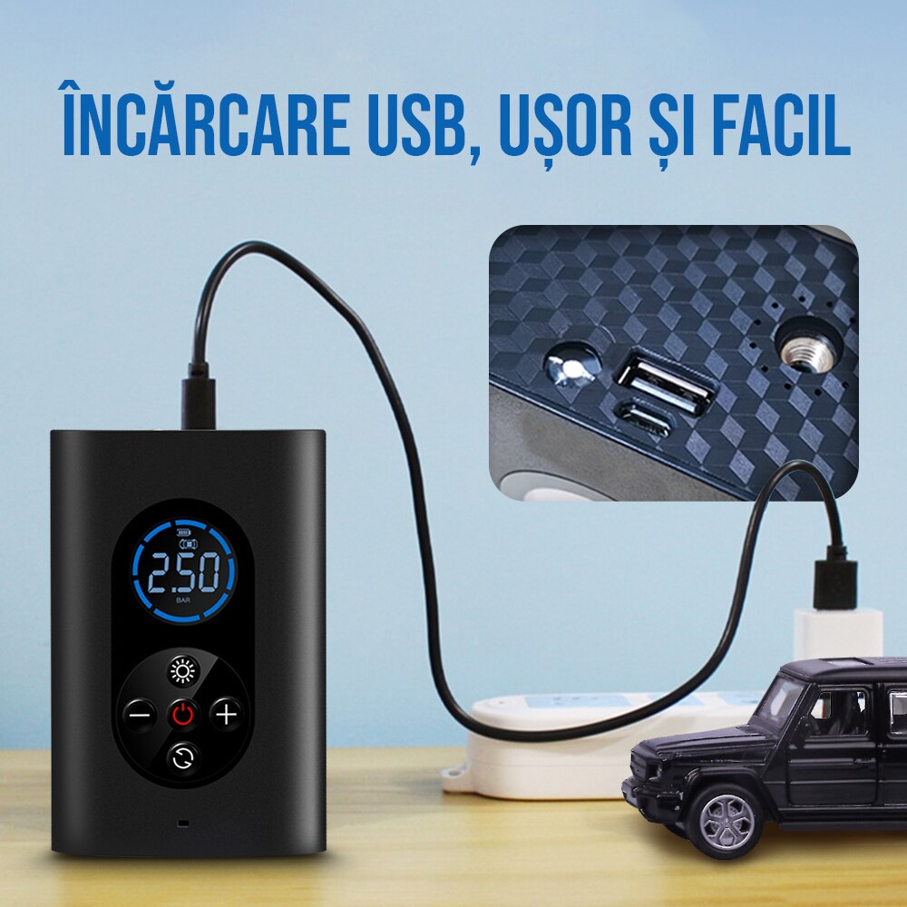 Compresor Auto Portabil, Digital, 150PSI, 30l/min, 4000mAH, Micro USB ...