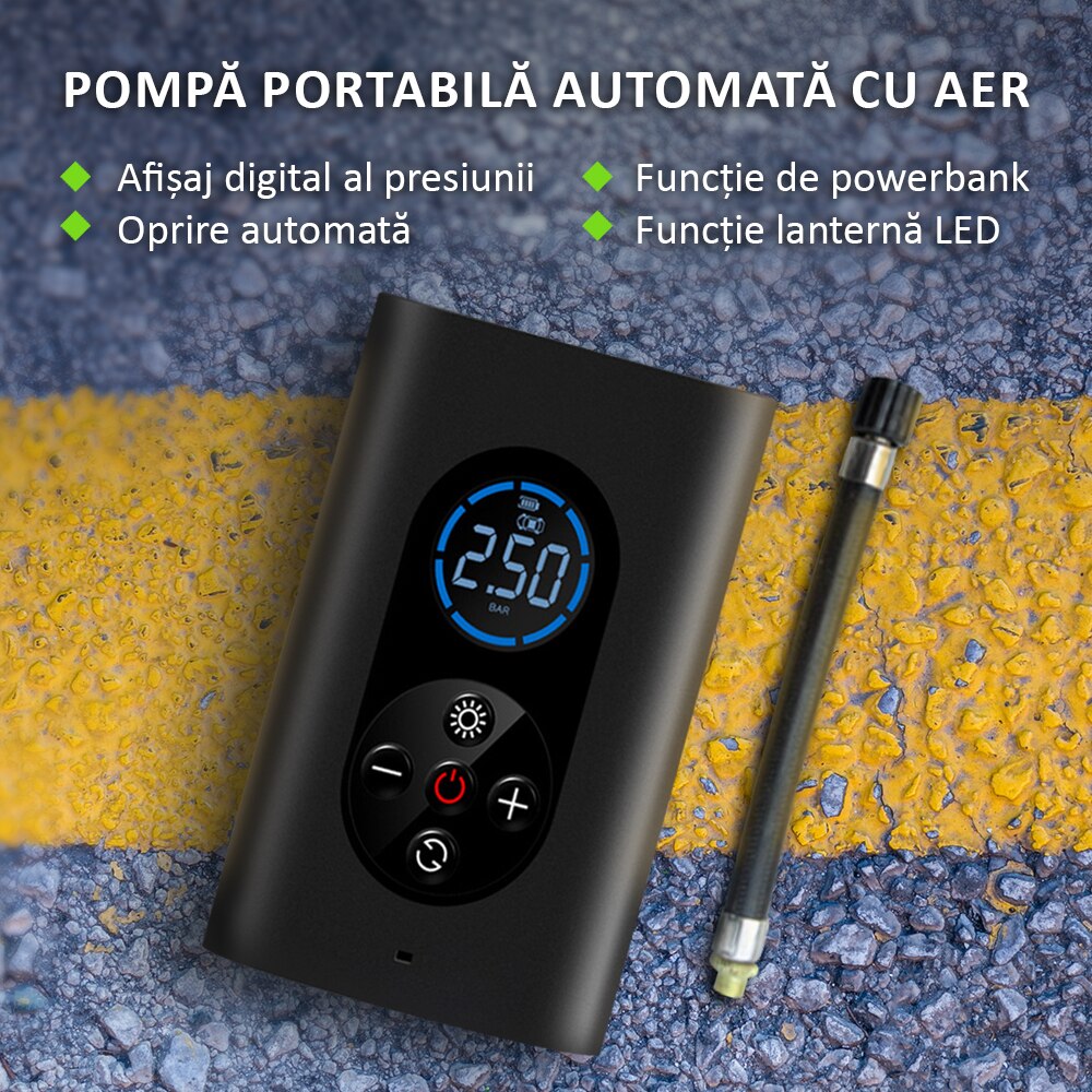 Compresor Auto Portabil, Digital, 150PSI, 30l/min, 4000mAH, Micro USB ...