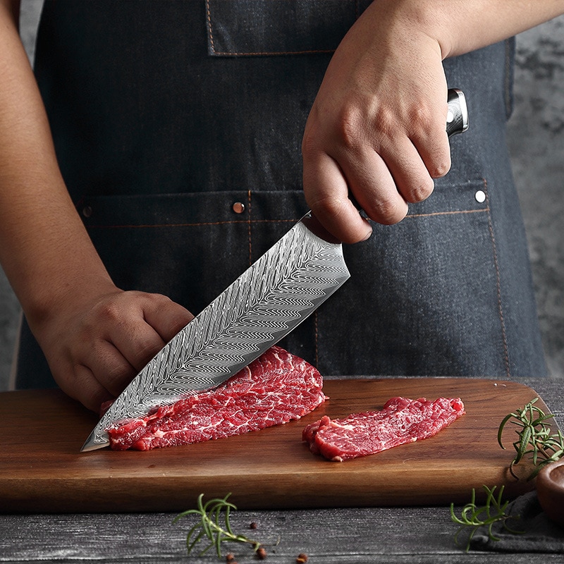 Cutit profesional bucatar, otel damasc 67 straturi, Forjat manual, Full ...