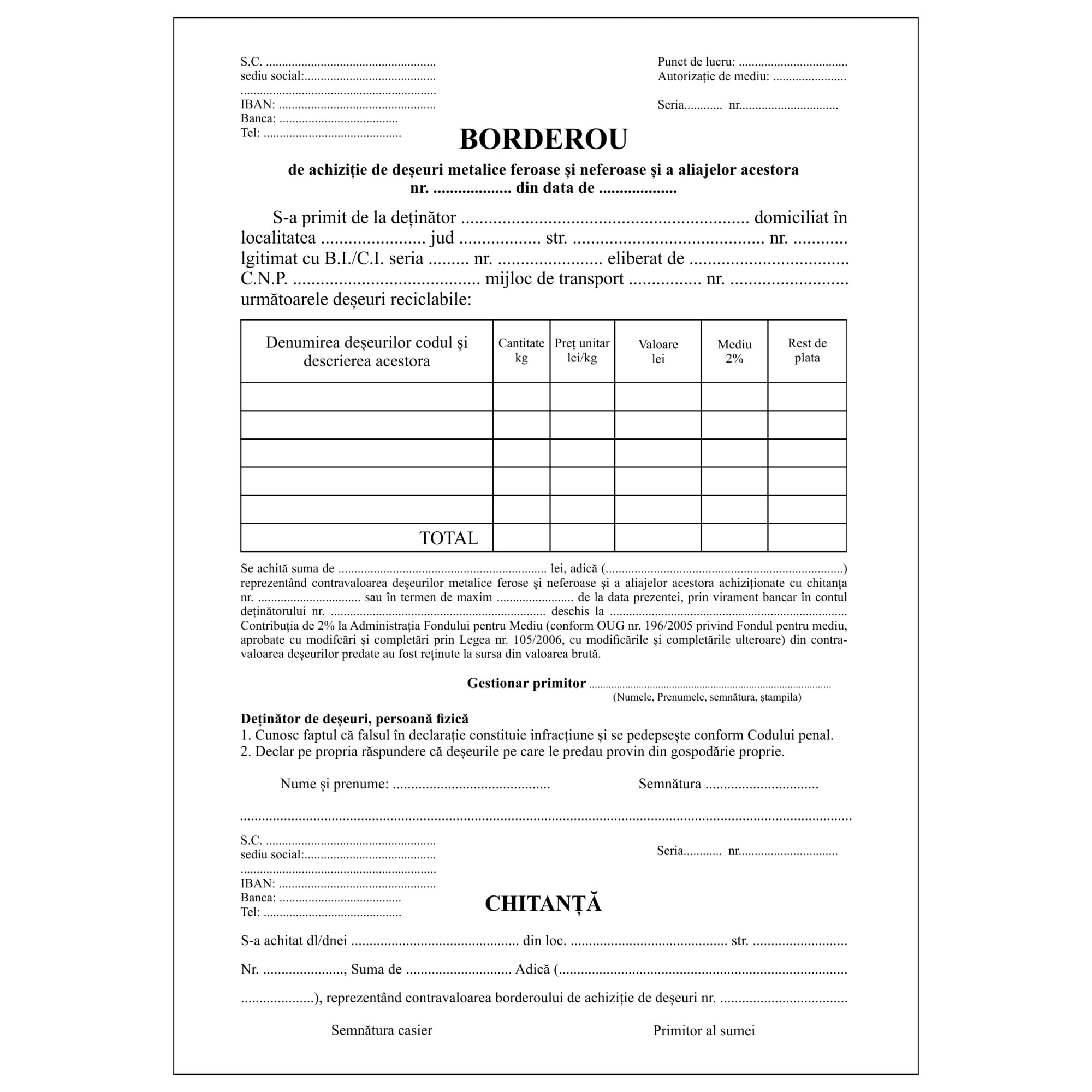 Borderou achizitie de deseuri metalice feroase si neferoase si a ...