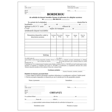 Borderou achizitie de deseuri metalice feroase si neferoase si a aliajelor acestora, format A5 ...