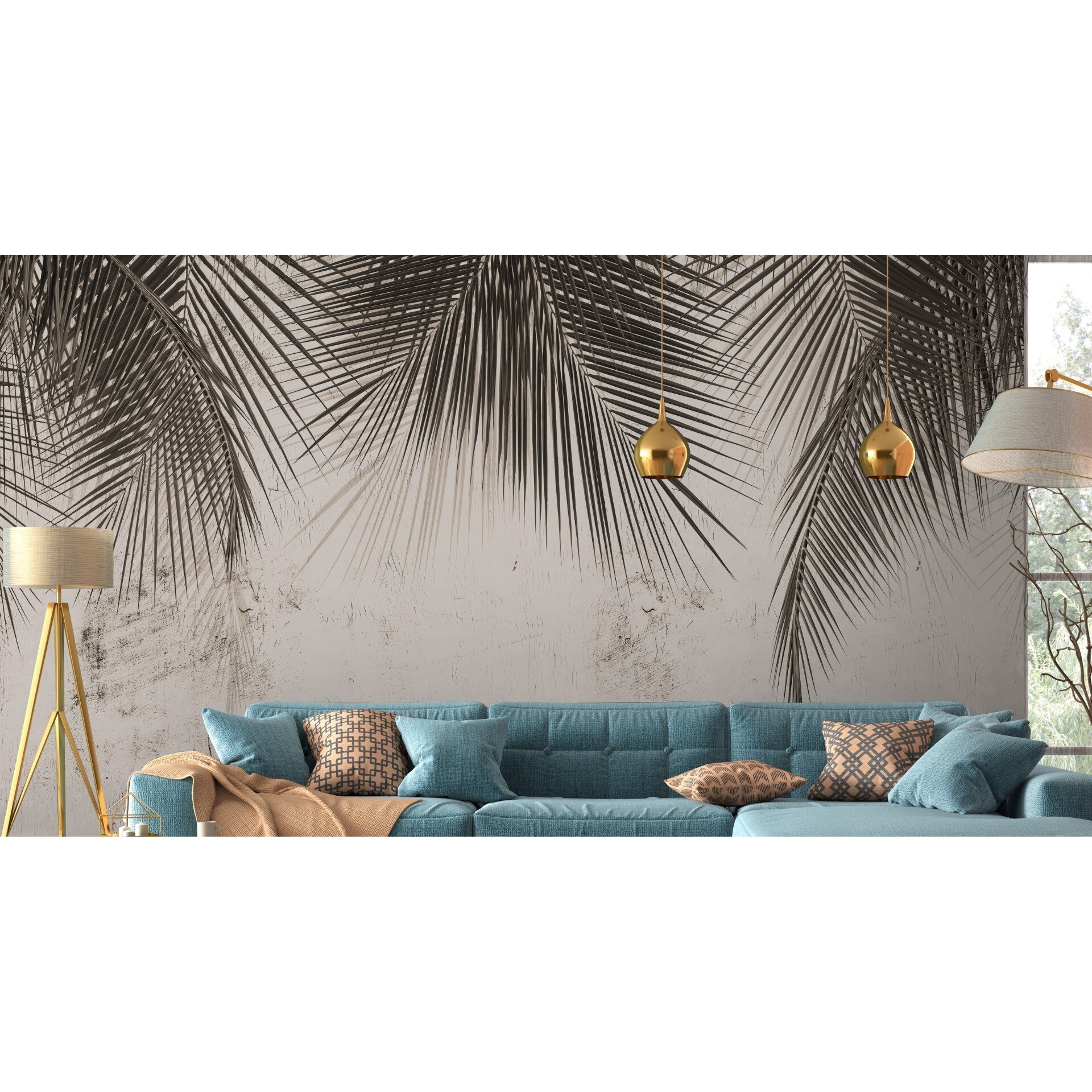 Fototapet frunze tropicale, palmier, natura, perete de beton, decor ...