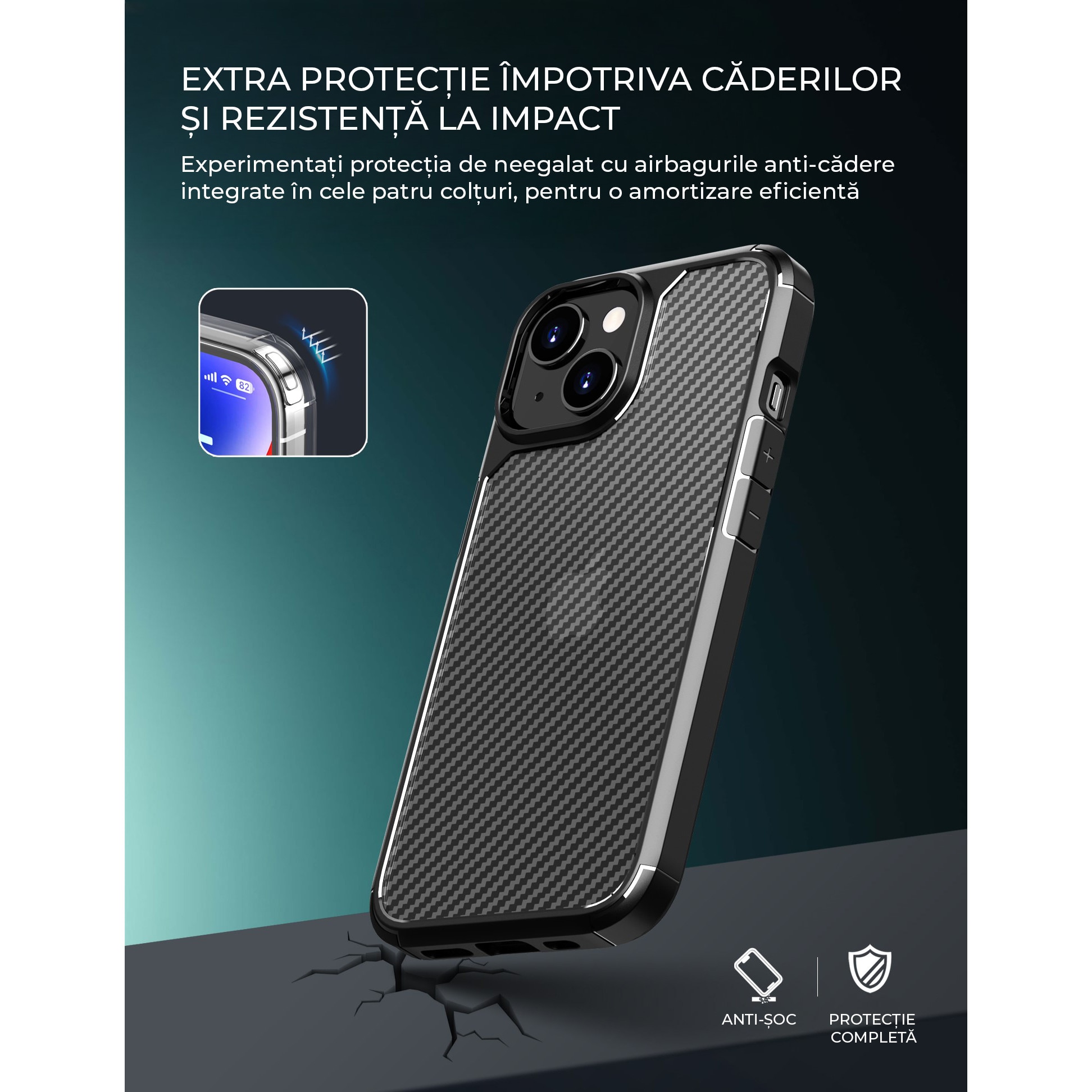 Husa de protectie pentru iPhone 13, Kribo CarbonWave, Premium Fit, Anti ...