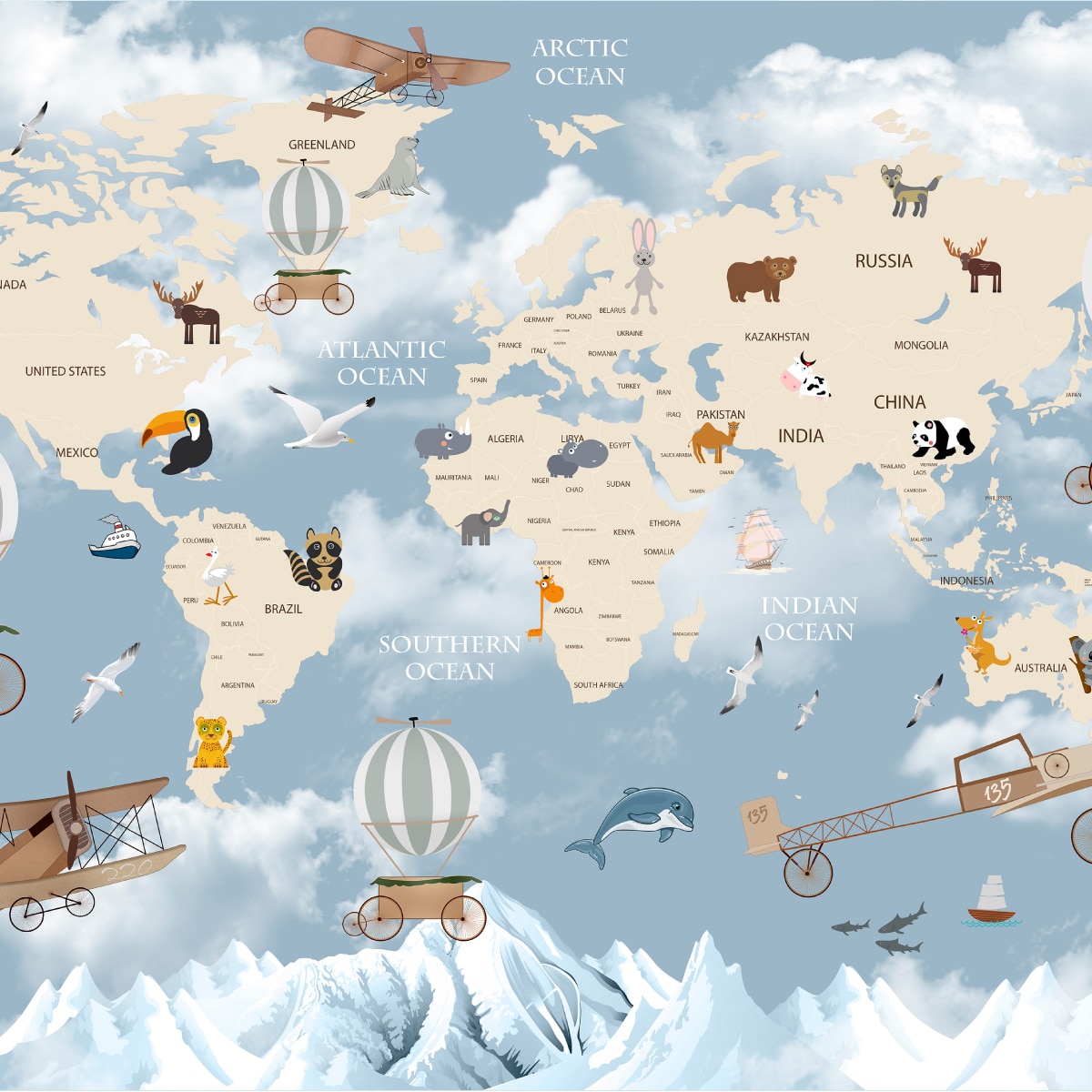 Fototapet harta lumii, animale, avioane, geografie, stiinta 300 cm x ...
