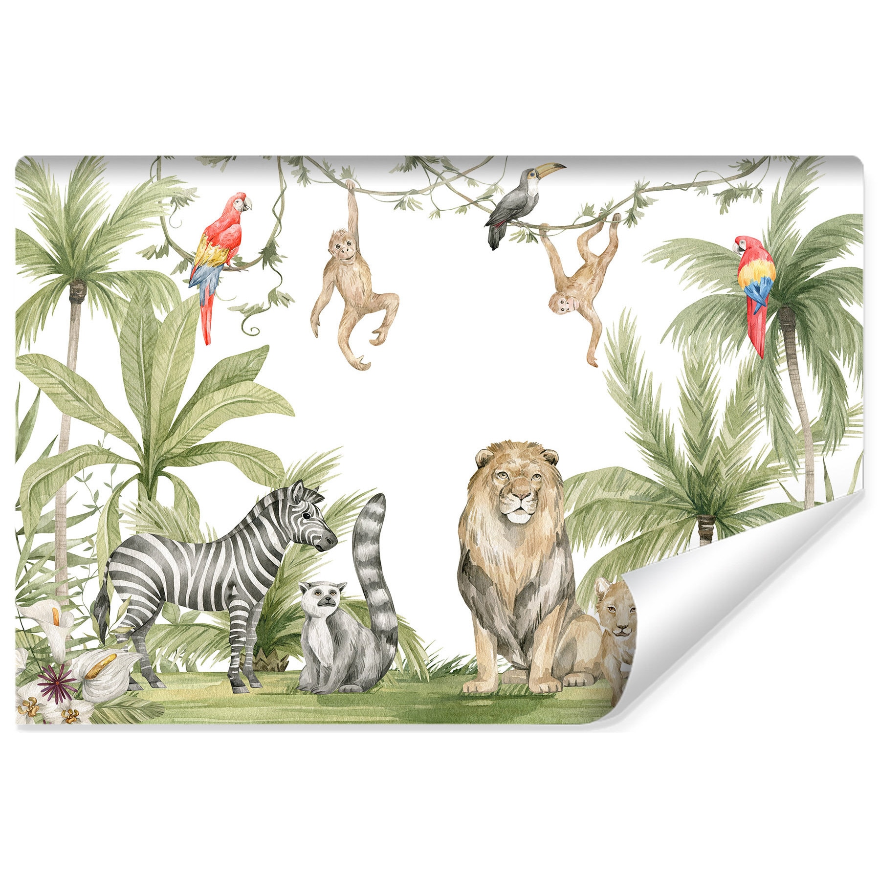 Fototapet Animale colorate, leu, maimuta, papagal, zebra 450 cm x 300 ...