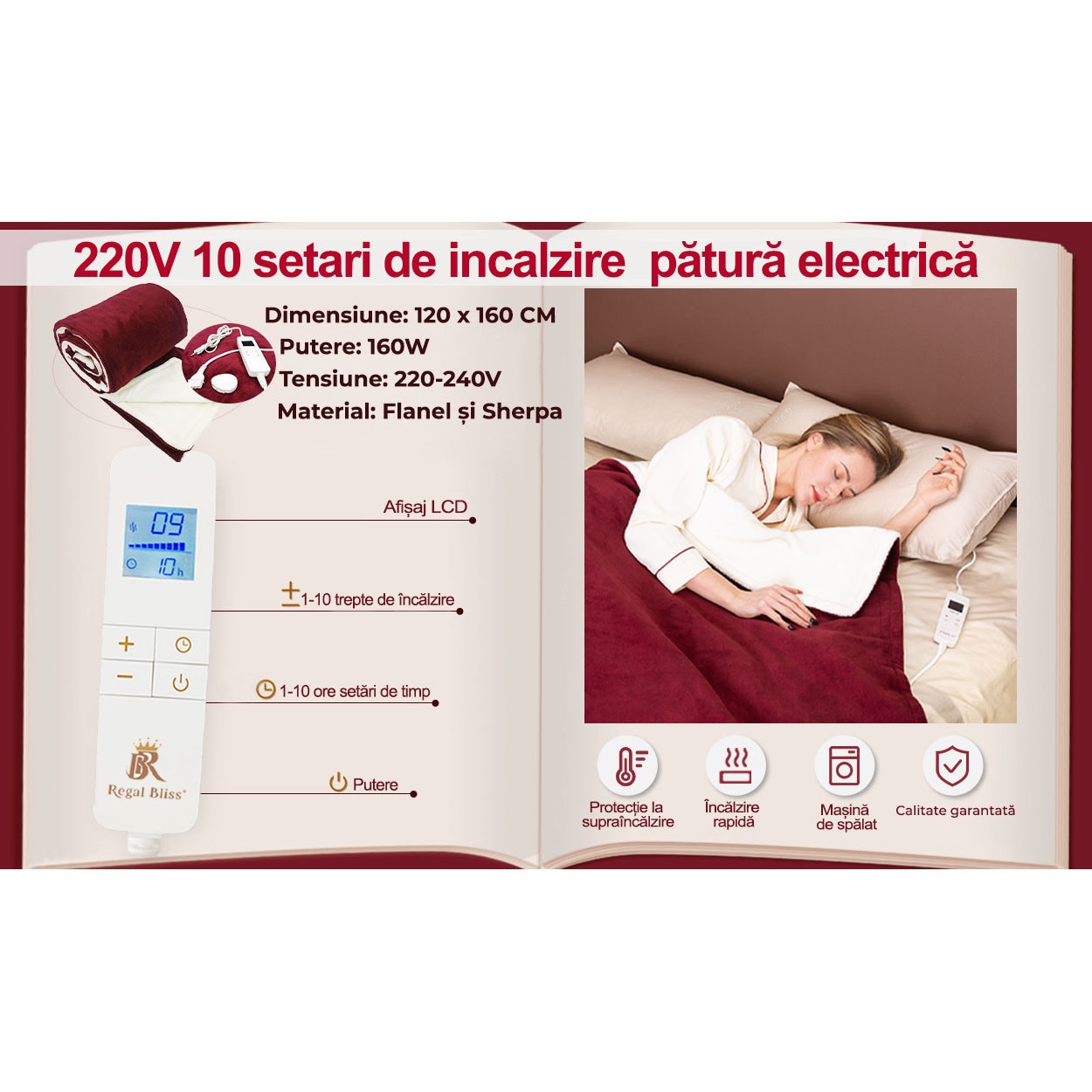 Patura cu incalzire electrica Regal Bliss ®, cu protectie impotriva ...
