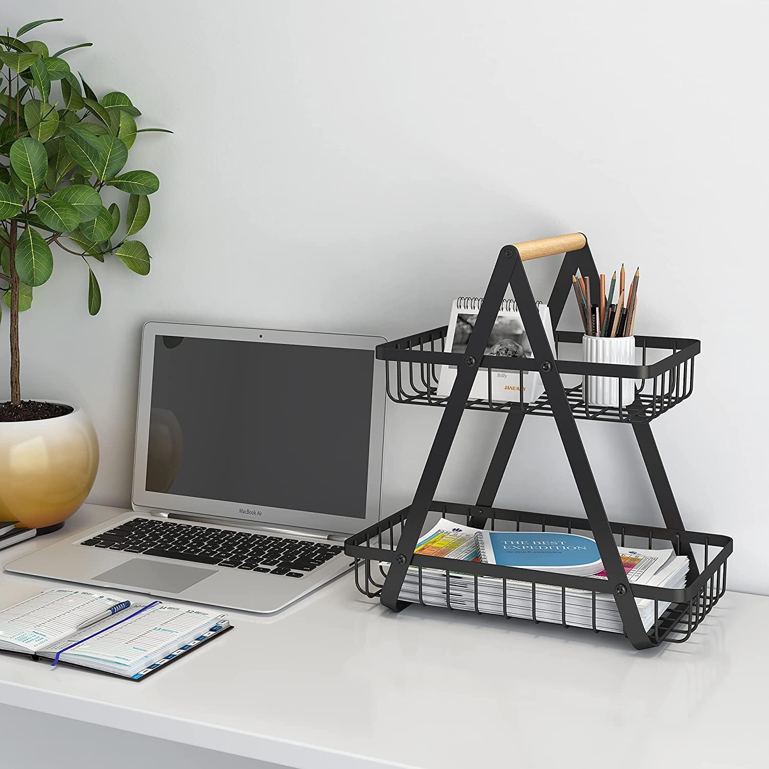 Cos de fructe cu 2 etaje, awwaline, negru, metalic, 31.5 cm x 20 cm x ...