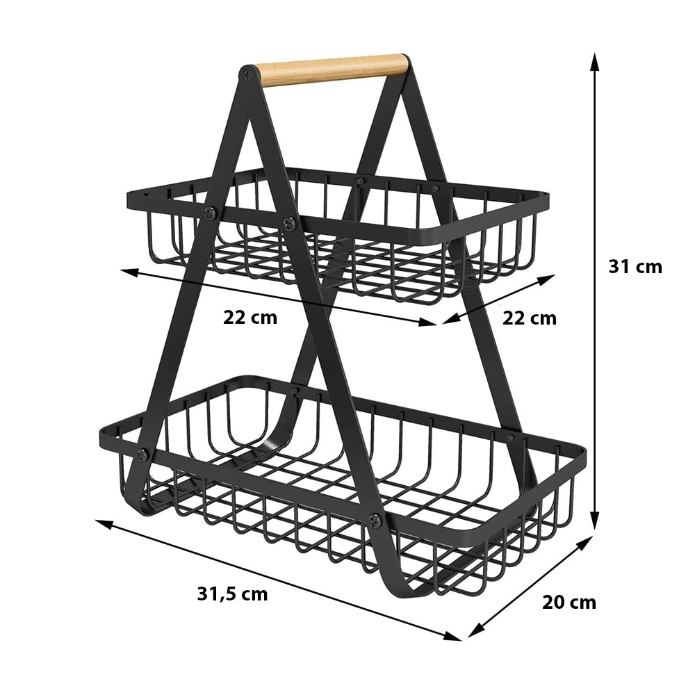 Cos de fructe cu 2 etaje, awwaline, negru, metalic, 31.5 cm x 20 cm x ...