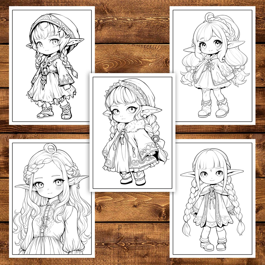 Carte de colorat pentru adulti, 50 de ilustratii Chibi Elf Girls, 106 ...