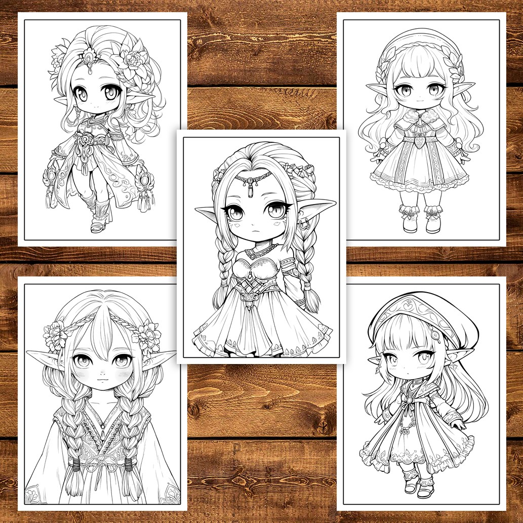 Carte de colorat pentru adulti, 50 de ilustratii Chibi Elf Girls, 106 ...