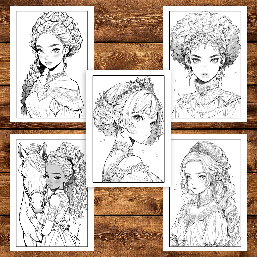 Carte de colorat pentru adulti, 50 de ilustratii, Anime Princesses ...