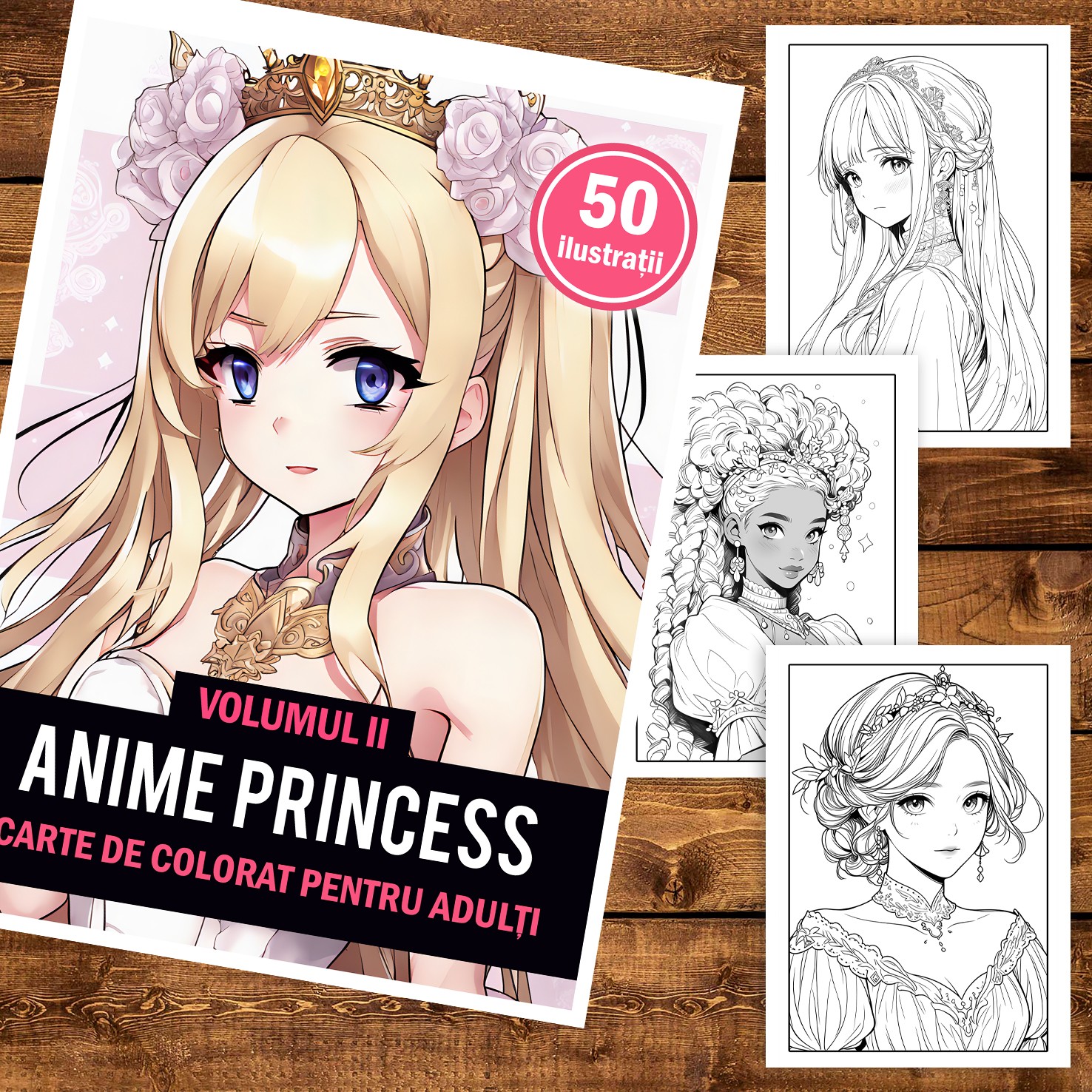 Carte de colorat pentru adulti, 50 de ilustratii, Anime Princesses ...