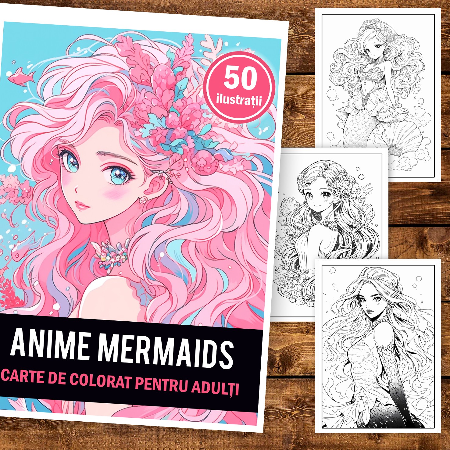 Carte de colorat pentru adulti, 50 de ilustratii, Anime Mermaids, 106 ...