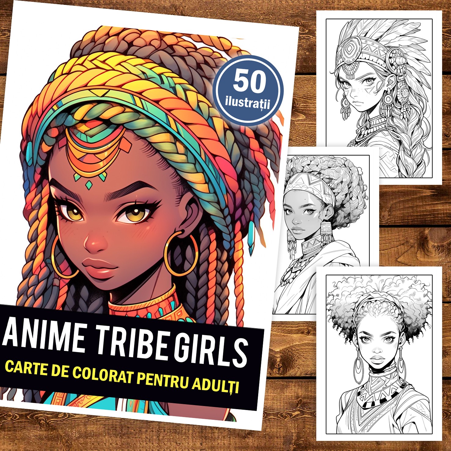 Книжка за оцветяване, 50 илюстрации, Anime Tribe Girls, 106 страници ...