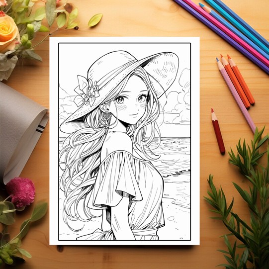 Carte de colorat pentru adulti, 50 de ilustratii, Anime Summer Girls ...