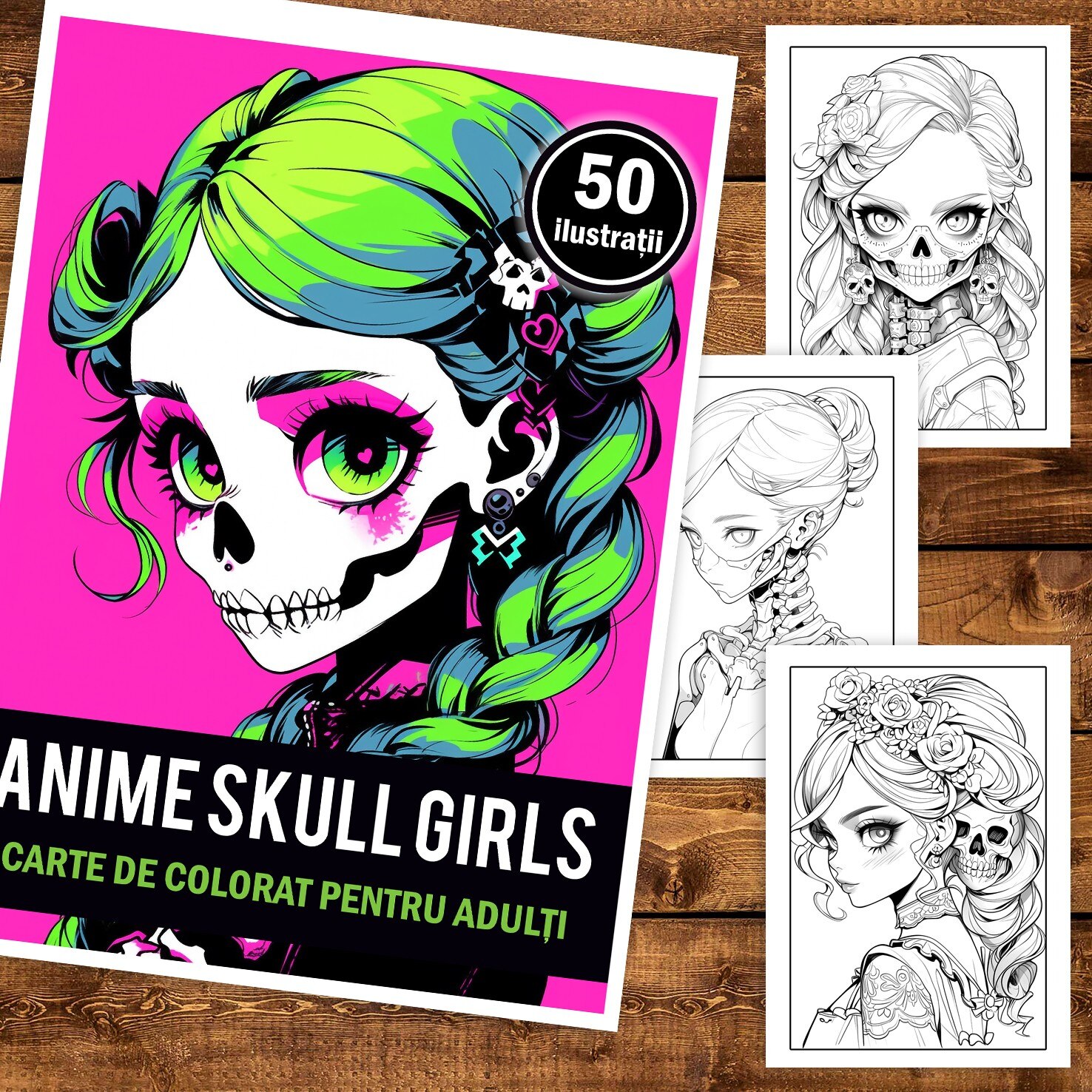 Carte de colorat pentru adulti, 50 de ilustratii, Anime Skull Girls 106 ...