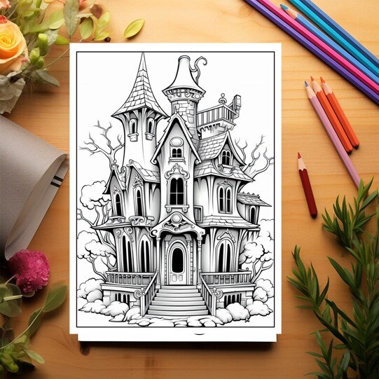 Carte de colorat pentru adulti, 50 de ilustratii, Case bantuite, 106 ...