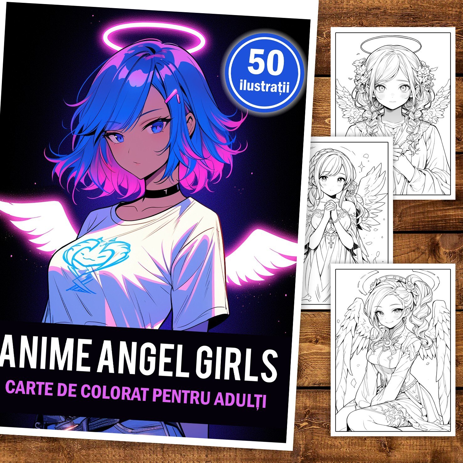 Книжка за оцветяване, 50 илюстрации, Anime Angel Girls, 106 страници ...