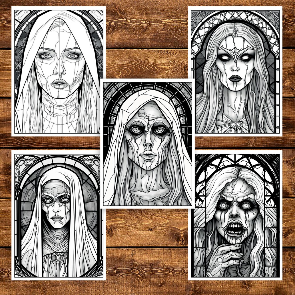 Carte de colorat pentru adulti, 50 de ilustratii, Vitralii Horror, 106 ...