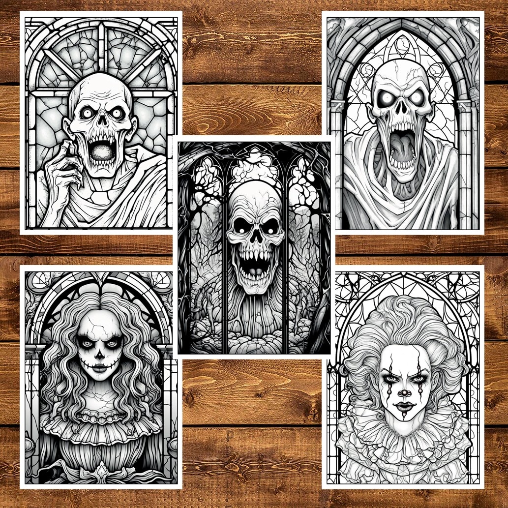Carte de colorat pentru adulti, 50 de ilustratii, Vitralii Horror, 106 ...
