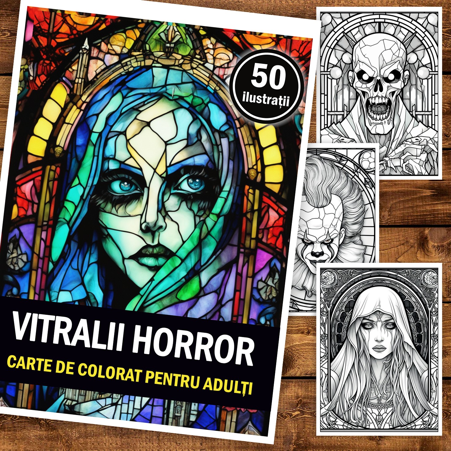 Carte de colorat pentru adulti, 50 de ilustratii, Vitralii Horror, 106 ...