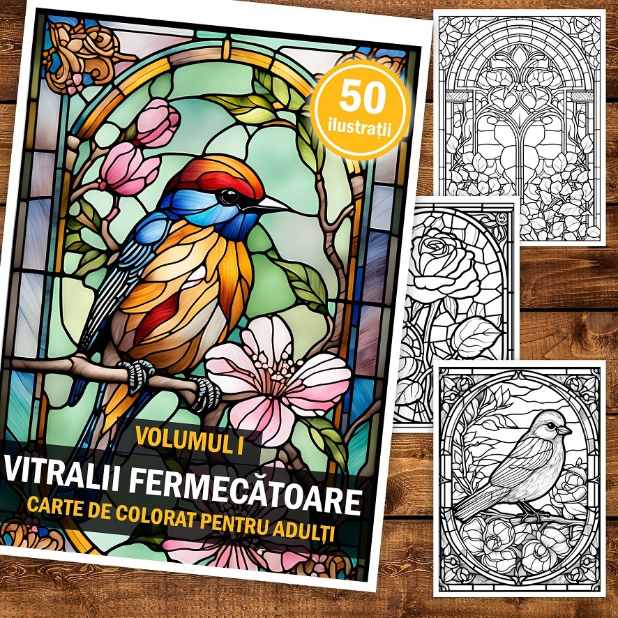 Carte de colorat pentru adulti, 50 de ilustratii, Vitralii Fermecatoare ...