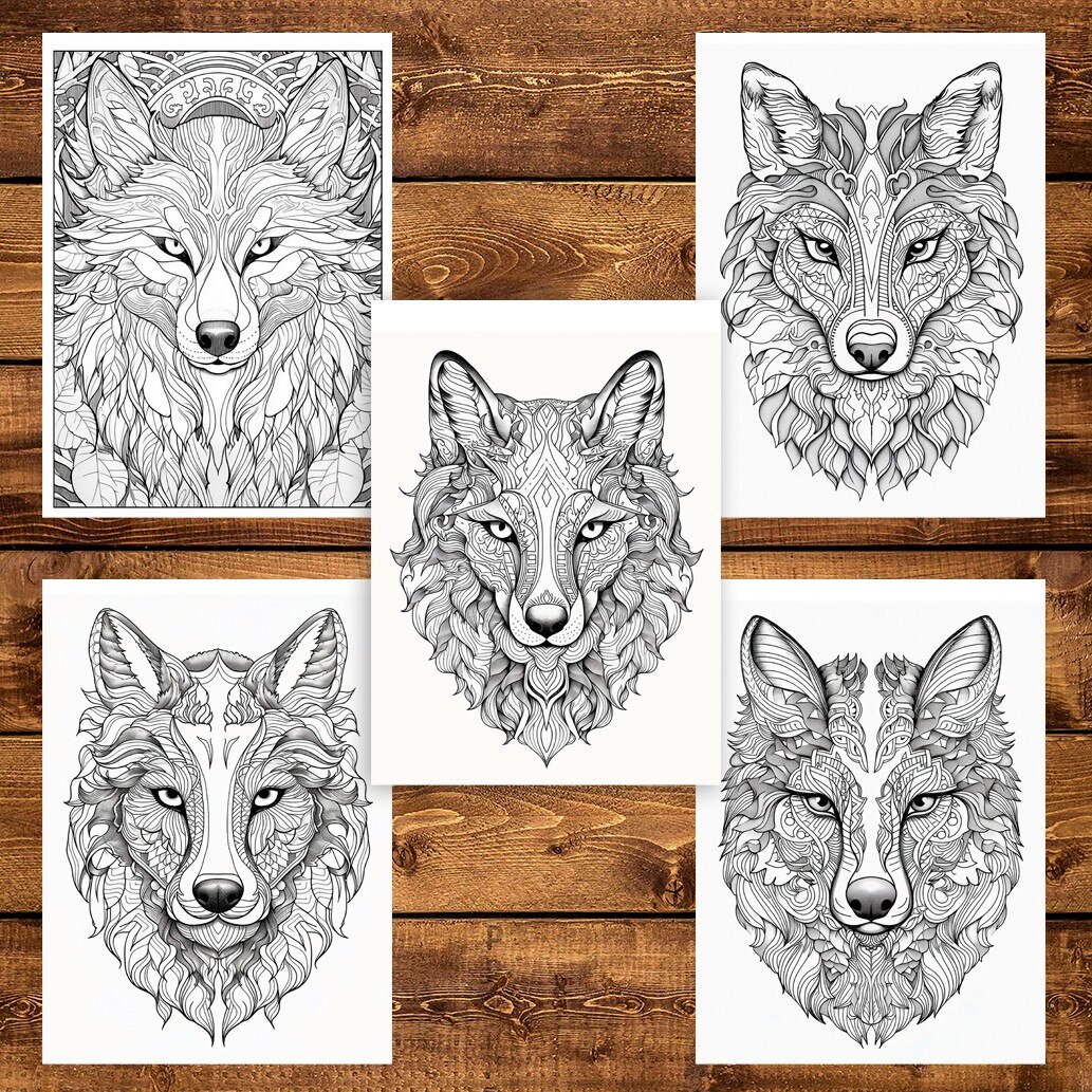 Carte de colorat pentru adulti, 50 de ilustratii, Lupi Mandala, 106 ...