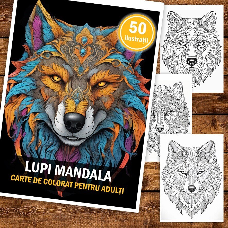 Carte de colorat pentru adulti, 50 de ilustratii, Lupi Mandala, 106 ...