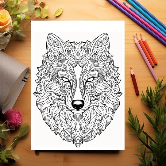 Carte de colorat pentru adulti, 50 de ilustratii, Lupi Mandala, 106 ...