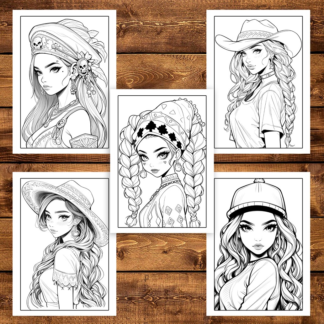 Carte de colorat pentru adulti, 50 de ilustratii, Fete cu palarii, 106 ...
