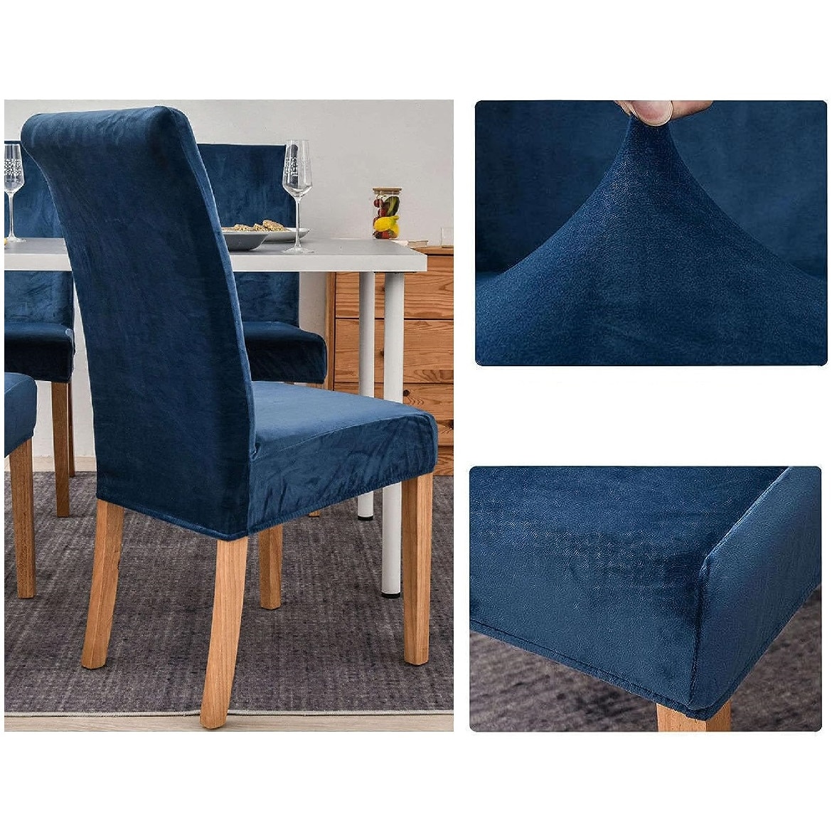 Set 6 Huse Scaun Universale GALAXIA®, Elastice, Din Catifea, Bleumarin ...