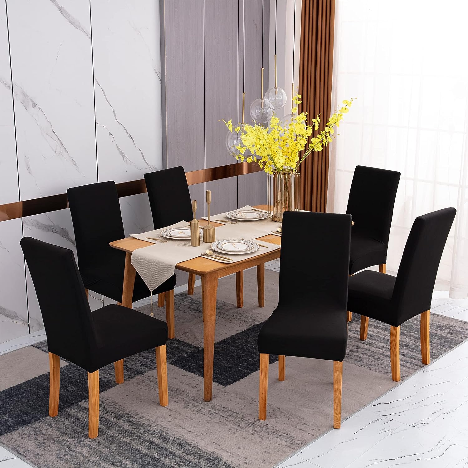 Set 6 Huse Scaun Universale GALAXIA®, Elastice, Din Elastan, Negru ...