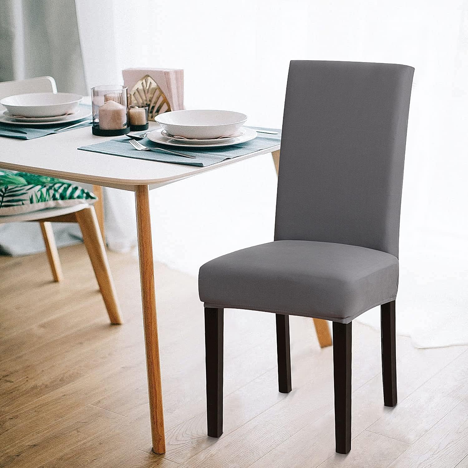 Set 6 Huse Scaun Universale GALAXIA®, Elastice, Din Elastan, Gri Inchis ...