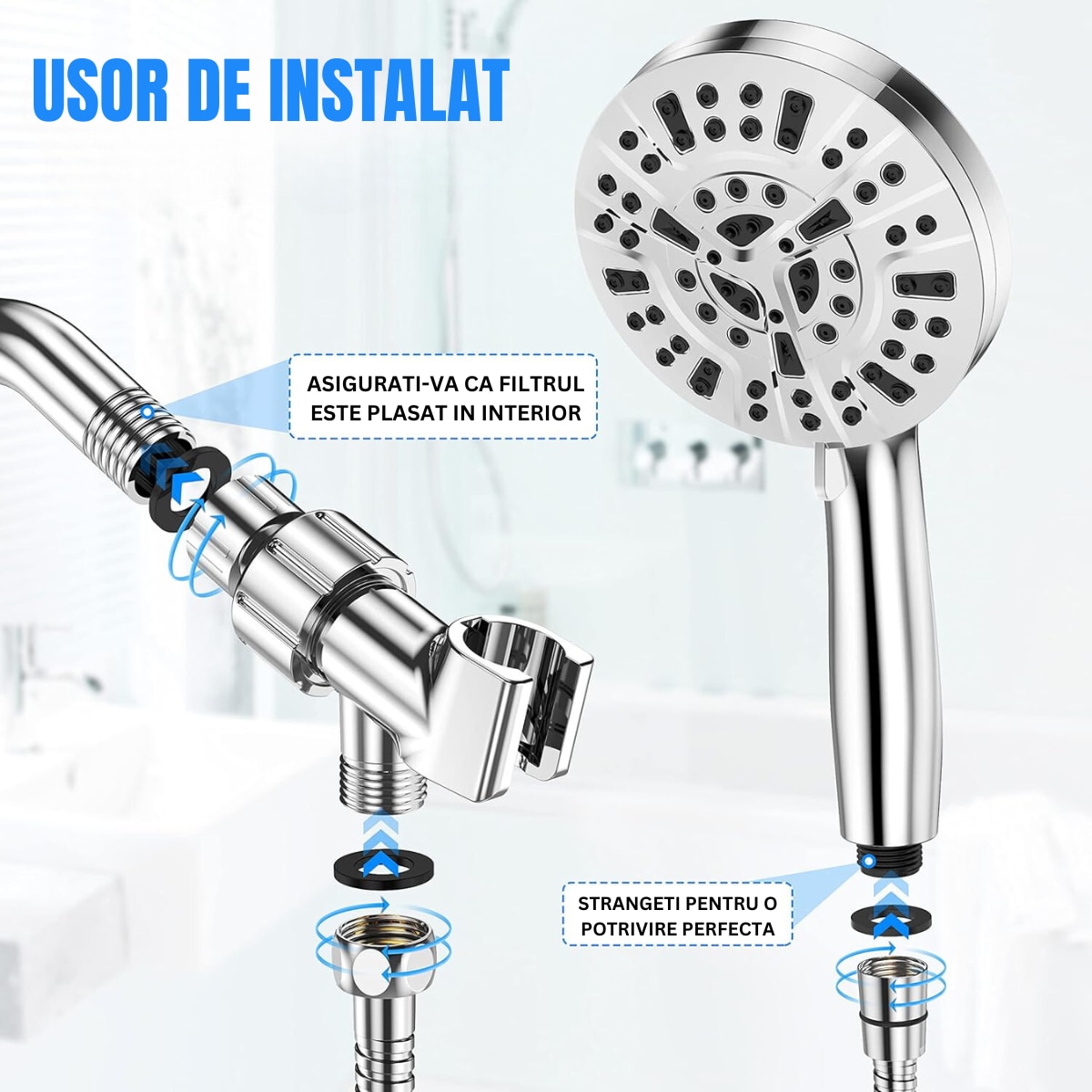 Cap de dus cu inalta presiune, 10 functii de pulverizare, instalare ...