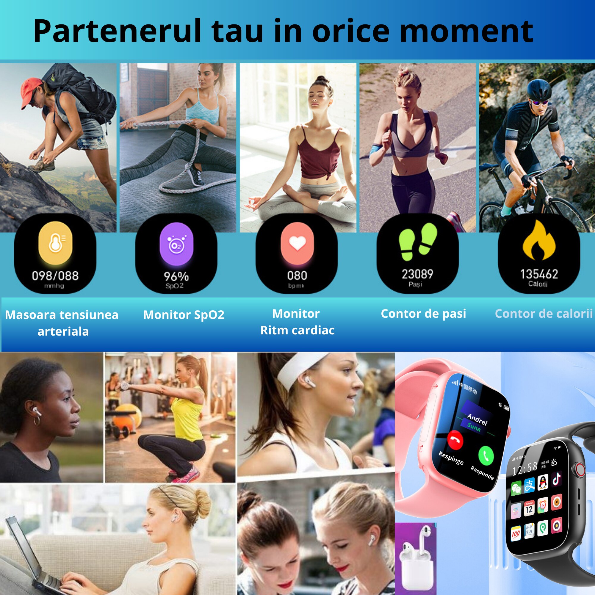 Ceas SmartWatch T55 Pro Max MAttiRON™, 1.44" HD Touch Display, Control foto, smartCALL, Retele ...