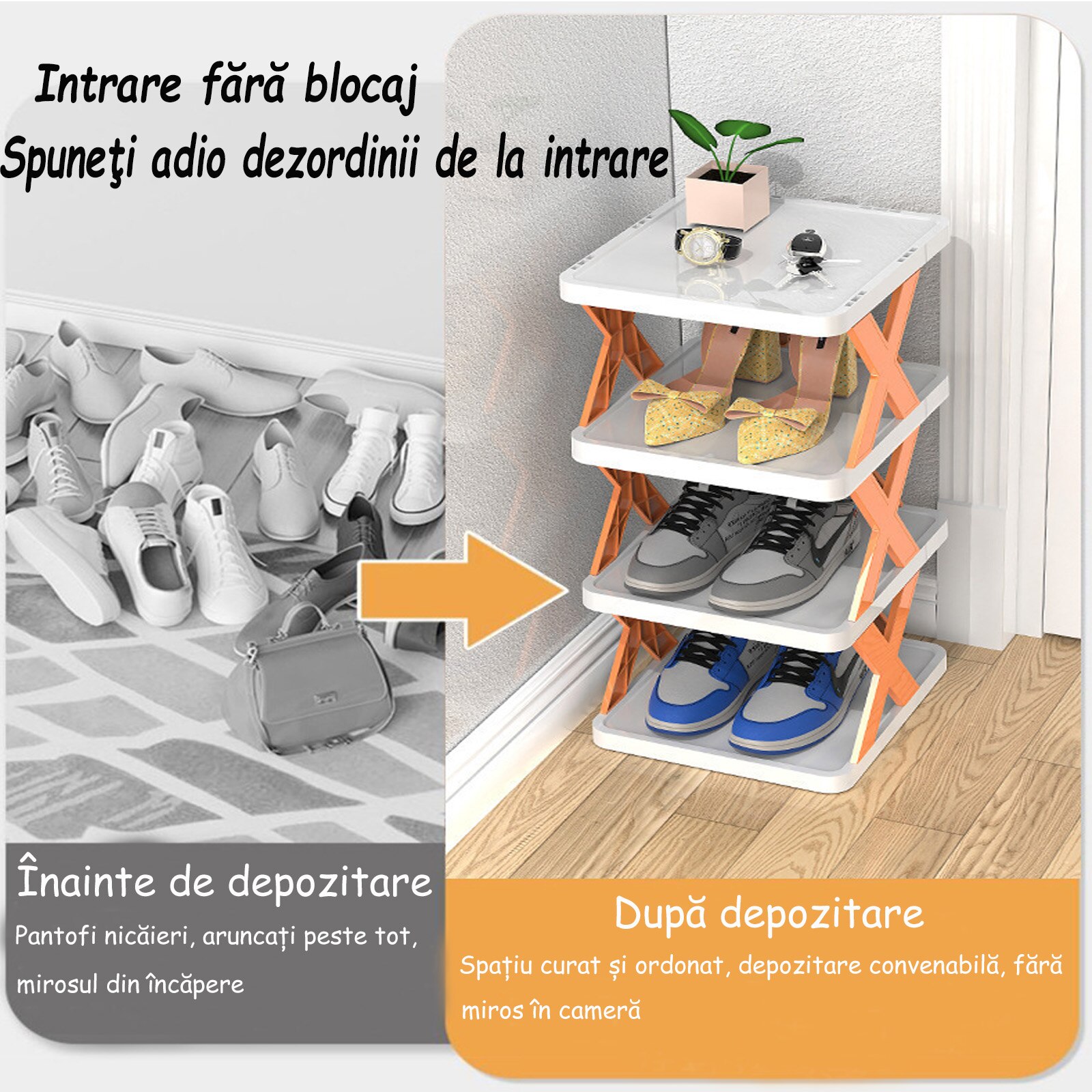 Dulap pantofi, Polipropilena, 26x24x97.5cm, Portocaliu/Gri - eMAG.ro